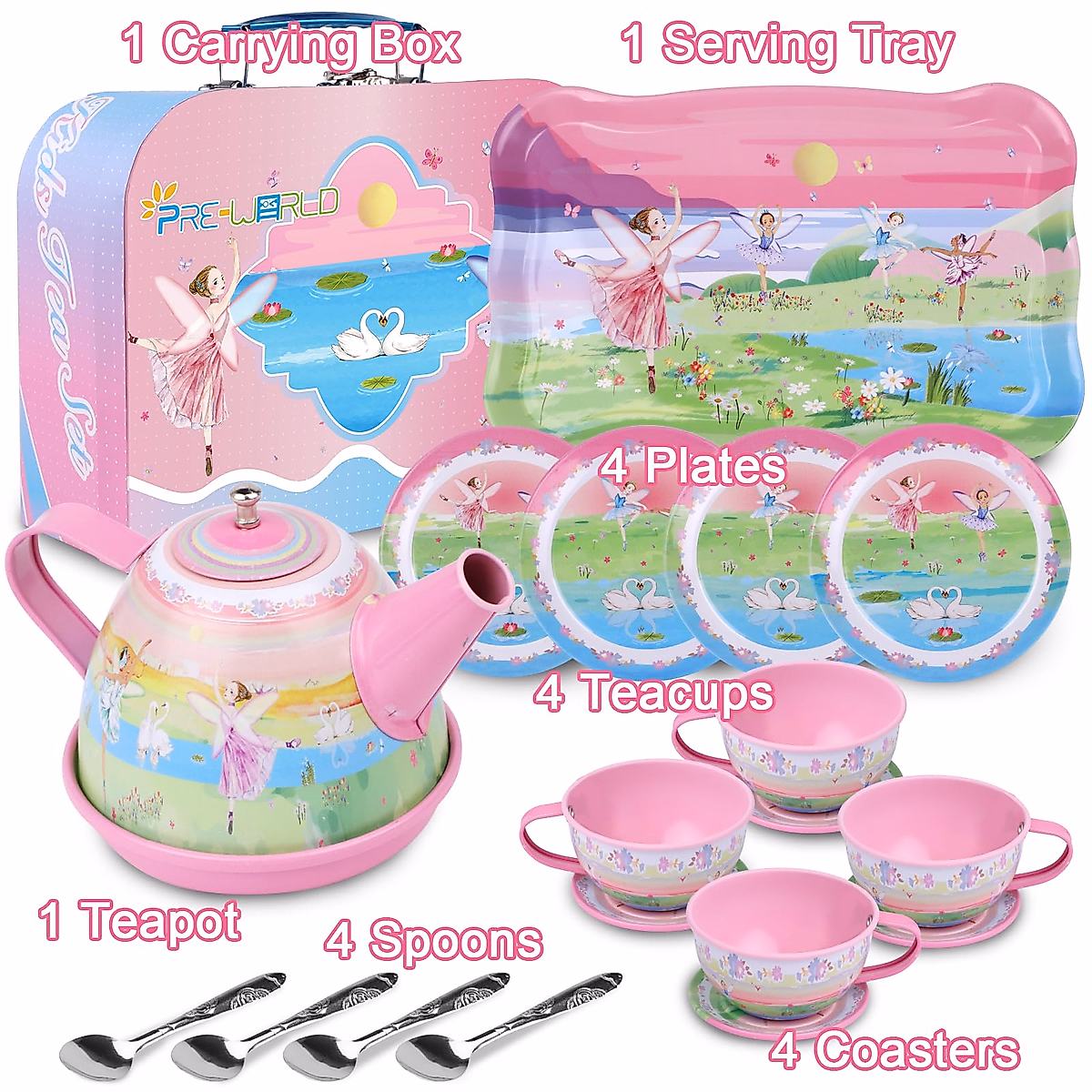 Tea Set for Little Girls,PRE-WORLD 50PCS Princess Tea Party Time Toy Including Dessert,Cookies,Doughnut,Teapot Tray Cake, Tablecloth & Carrying Case,Kids Kitchen Pretend Play for Girls Boys Age 3-6