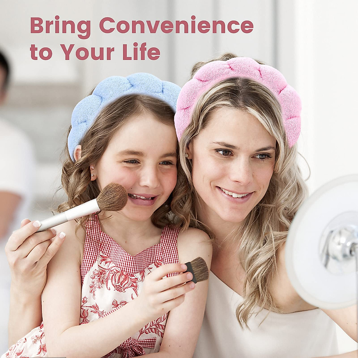 XBagSJ 2Pack SPA Headband for Washing Face, Puffy Headband, Face Wash Headband and Wrist Washband Set, Soft and Comfortable, Makeup, Shower, Skin Care headbands for Women Girls（Pink & Blue）