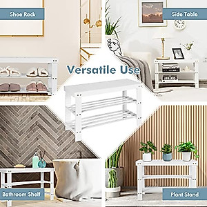 KOTEK Shoe Rack Bench 3-Tier Bamboo Shoe Shelf Organizer Entryway Bench Holds up to 220 lbs, Shoe Storage Rack for Hallway, Bathroom, Living Room (White)