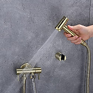 MINJING Handheld Bidet Sprayer Kit Brushed Gold Cold Water Tap Bidet Tap Sprayer Wall Mounted Double Handle Double Function Toilet Bidet Douche Spray, B