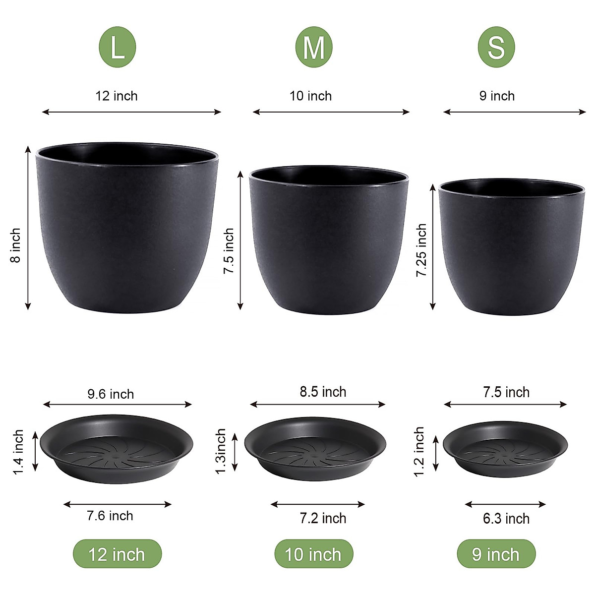 UOUZ 12/10/9 Large Modern Plant Pots, Plastic Planters with Drainage Holes and Saucers for Indoor Outdoor Plants Flowers, Black