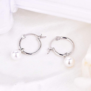 JO WISDOM 925 Sterling Silver Simulated White Shell Pearl Hoop Earrings (Size: 1.5 * 15mm)
