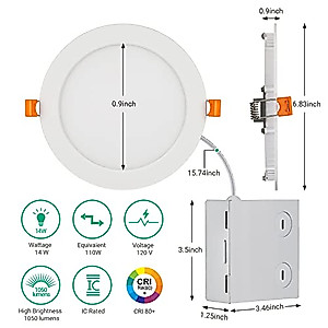 EDISHINE 12Pack 6 inch LED Recessed Light with Junction Box, 5CCT 2700K/3000K/3500K/4000K/5000K Dimmable Ultra-Thin Canless LED Recessed Light, 14W 1050LM CRI80 Recessed Light Fixtures, UL Listed