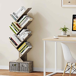 Vagusicc 6 Tier Tree Bookshelf - Retro Shelf Floor Standing Bookcase with Baskets, Tall Wood Book Storage Rack for Books/CDs, Tree Utility Book Organizer Shelves for Living Room, Home Office, Bedroom