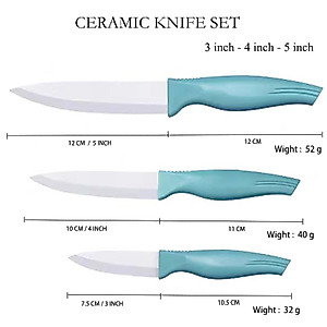 Zhiyun 3-Pieces Blue Ceramic Knife Set, 5-Inch Vegetable Knife 4-Inch Fruit Knife 3-Inch Peeling Knife,Suitable for Beef Chicken Vegetable Fruit Butter and Bread (Blue)
