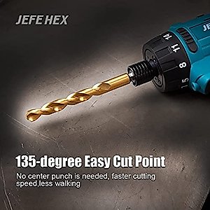 JEFE HEX 3/8" Inch Hex Shank with Titanium Coating Twist Drill Bits, 135 Degree Easy Cut Split Point Drill Bits (Pack of 6)