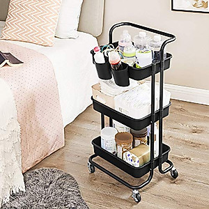 SONGMICS Rolling Cart, 3-Tier Storage Cart, Storage Trolley with Handle 2 Small Organizers, Steel Frame, Plastic Baskets, Utility Cart, Easy Assembly, for Bathroom Laundry Room, Black UBSC067B01