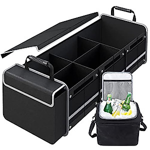 Car Trunk Organizer,Heavy Duty Collapsible Car Trunk Storage Organizer, with Insulated Leakproof Cooler Bag Car Cargo Trunk Organizer with Lid, 3 Compartments, with Straps For for Car Suv/Jeep/Sedan