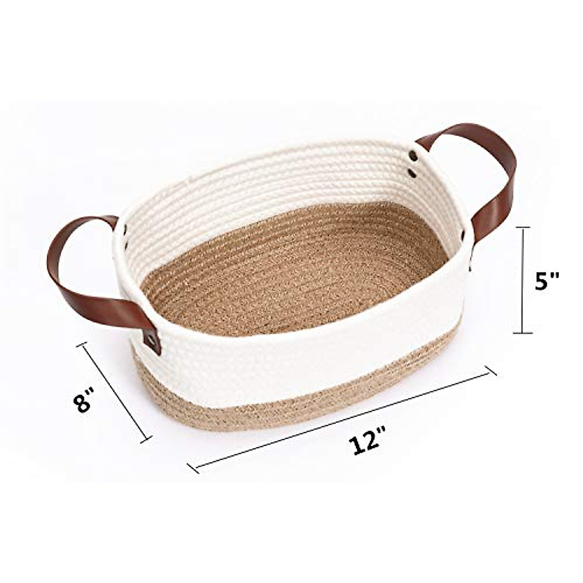 ZFRXZ Small Cotton Rope Basket with Handles, Oval Woven Basket Diaper Caddy, Storage Bins Toy Organizer, Baby Basket (White-Jute, 12"×8"×5")