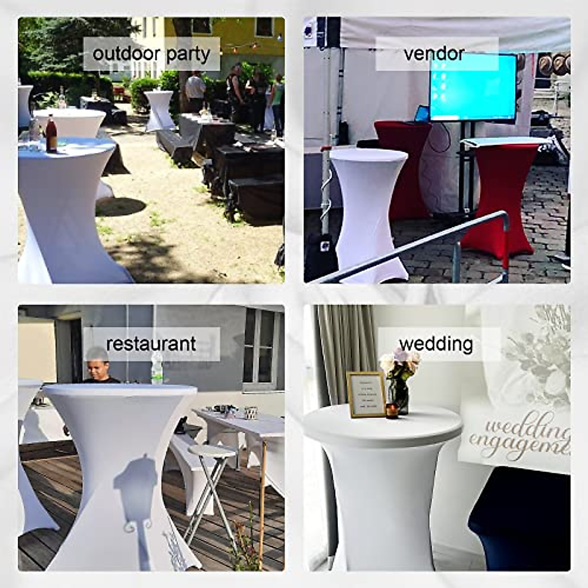 Dololoo 2 Pack Cocktail White Spandex Stretchable Tablecloths,Round Highboy Stretch Table Covers，Elastic Square Corners Table Clothes for Wedding,Party,Birthday,30"-32" Diameter x 40"-43" Height