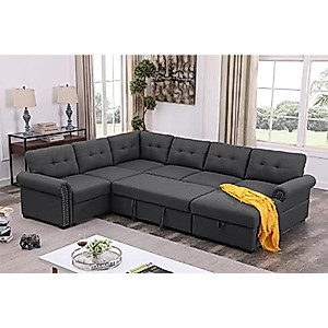 Springfavor 6 Seat Pull Out Couch Sectional Couches for Living Room with Storage Chaise Lounge, U-Shaped Modern Sofas & Couches with Nail for Department/Home/Office