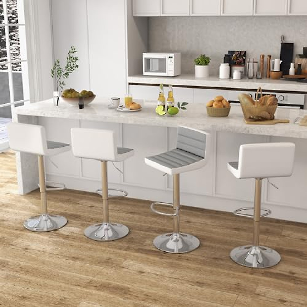 COSTWAY Adjustable Bar Stools Set of 4, Modern Swivel PU Leather Bar Chairs with Back, Footrest, Counter Height Upholstered Barstools for Kitchen Island Dining Living Room Bistro Pub Cafe, Grey+White
