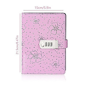 koboome Floral Notebook with Password Lock, A5 Size PU Leather Creative Password Notebook with Combination Lock Student Diary Notepad (Pink)