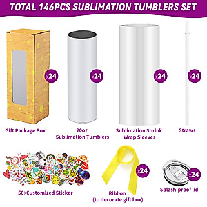 OLSUNOR 24 Pack Stainless Steel 20 oz Sublimation Tumblers Set, Skinny Straight, Lids, Straws, Sublimation Shrink Wrap, DIY Stickers, Individually Gift Boxed