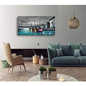 zoinart Hand Painted Large Canvas Wall Art 48x24 Inches Abstract Wall Paintings Contemporary Texture Wall Art Wharf Landscape Artwork Living Room Bedroom Wall Decor Ready to Hang