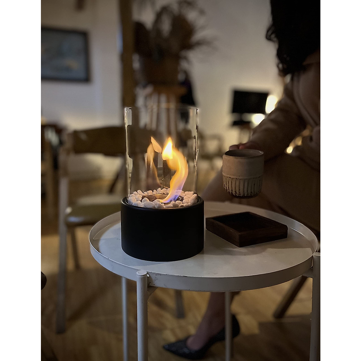 JAY'S HOME Table top Fireplace Portable Fire Pit Smokeless Indoor/Outdoor Fire Bowl Cozy Home Decoration Ethanol/Alcohol Fireplace, White