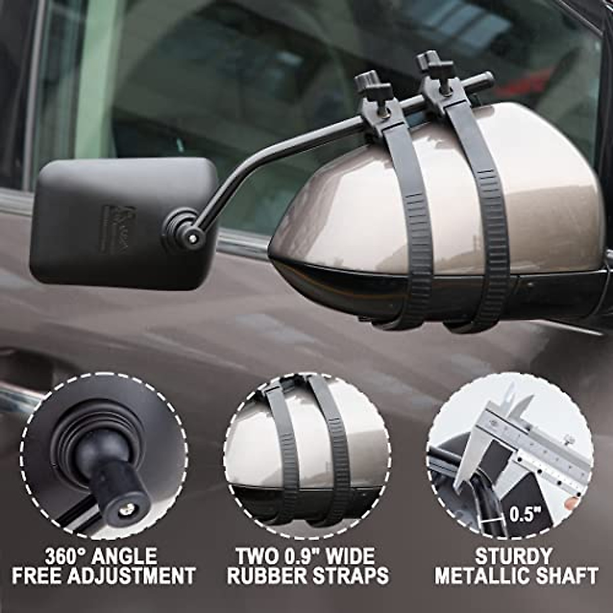 Cartman Universal Clip-on Towing Mirror, Extended Mirrors for Towing, 360 Degree Rotation Adjustable, Vibrationless, Secure Fit, 2PK