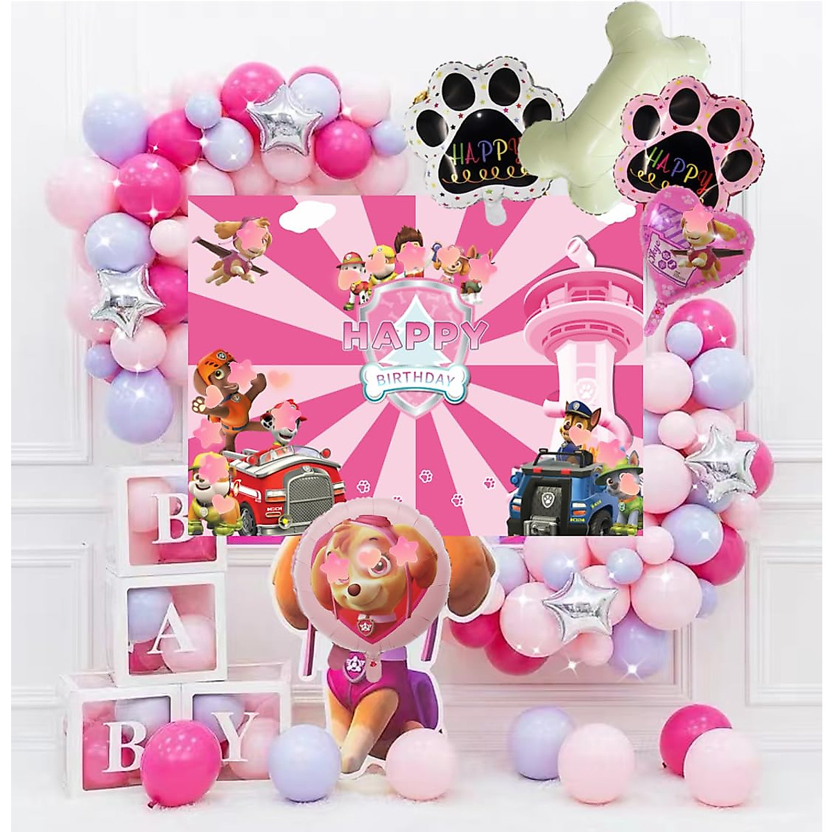 Pink Dog Birthday Party Decorations, Paw Theme Party Supplies Set for Girl’s/Boy’s with Balloons Garland kit, Pink Dog Backdrop, Dog Foil Balloons (PINK-A)