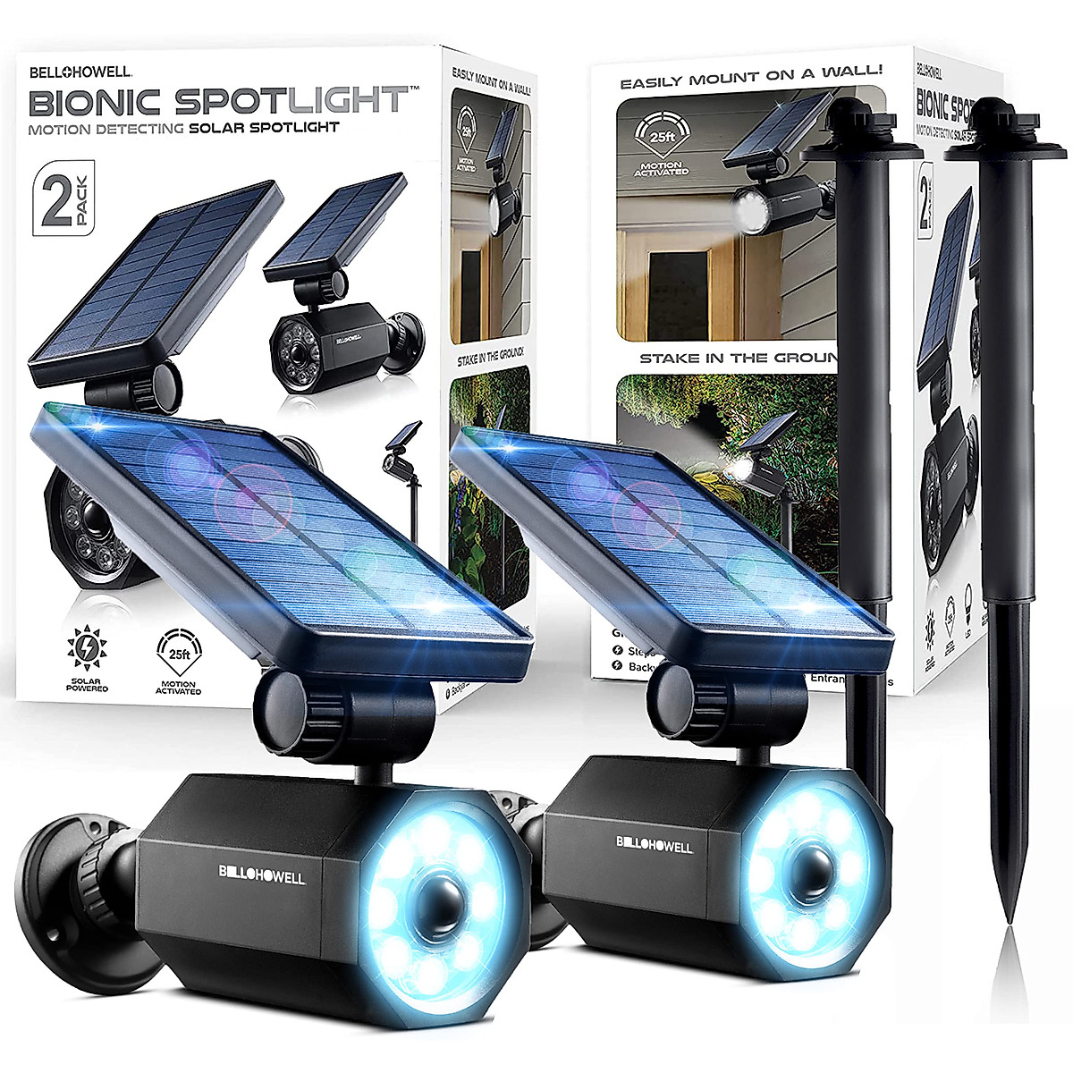 Bell+Howell Bionic Spotlight LED Solar Lights Solar-Powered Spot Light with 25 Feet Motion Sensor Outdoor Waterproof Frost Resistant Yard Outdoor Lighting As Seen On TV (Original, Set of 2)