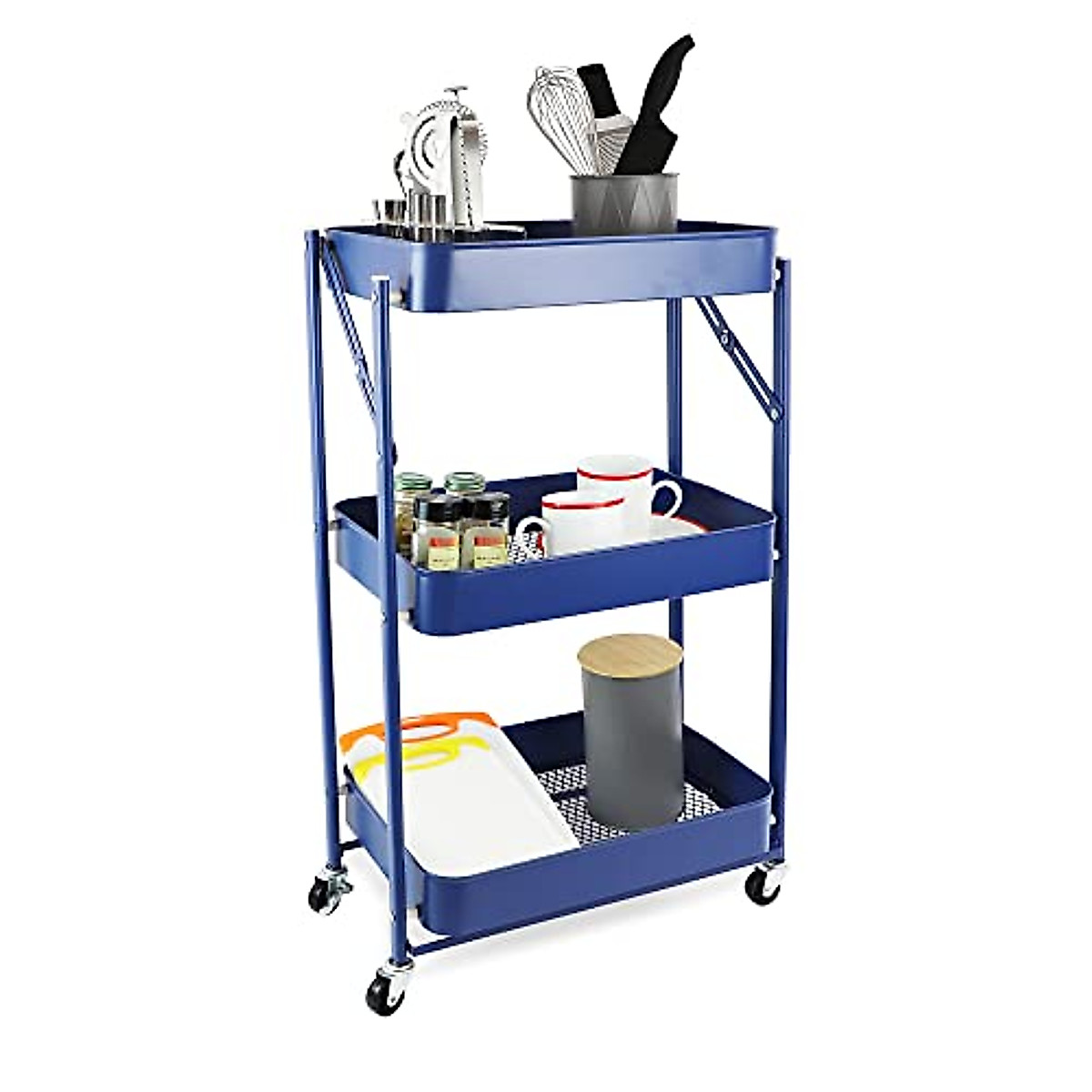 Isaac Jacobs 3-Tier Rolling Cart, Foldable Mobile Storage Organizer with Caster Wheels, Lightweight Multi-Purpose Metal Utility Cart for Office, Kitchen, Bathroom, Bedroom (Navy)