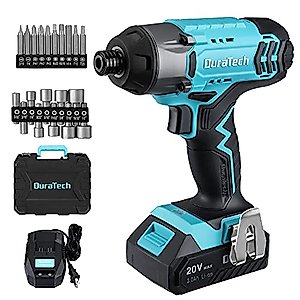 DURATECH Impact Driver Kit - 20V Electric 1/4 Inch Driver Set with 20 Pcs Sockets and Screwdriver Bits, Fast Charger and Heavy Duty Storage Case Included, Great Gift