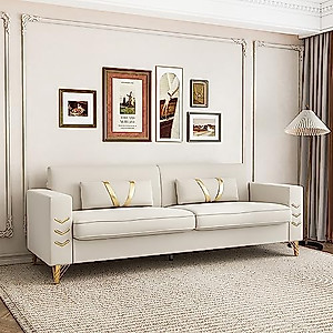 Tomkate 85.63" Modern Sofas for Living Room, Velvet Chesterfield Sofa with Two Lumbar Pillows and Gold Metal Legs, Luxury 3 Seater Sofa Couches for Living Room, Bedroom (Beige)