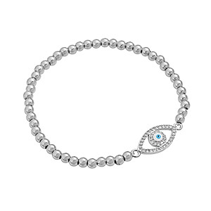 Edforce Stainless Steel Women Evil Eye Ball chain Elastic bracelet with CZ Cubic Zirconia (Eye Silver)