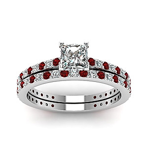 55Carat Classic Delicate Diamond Wedding Set 925 Sterling Silver Created Ruby Princess shape Red colorWedding Ring Sets Prong Setting in Size 7