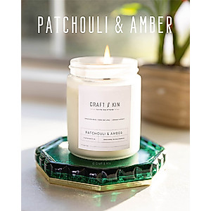 Premium Patchouli & Amber Christmas Scented Candles | 8 oz 45 Hour Long Lasting Candles for Home | Wooden Wick Candles | Holiday Candles for Bedroom, All Natural Soy Candles Scented