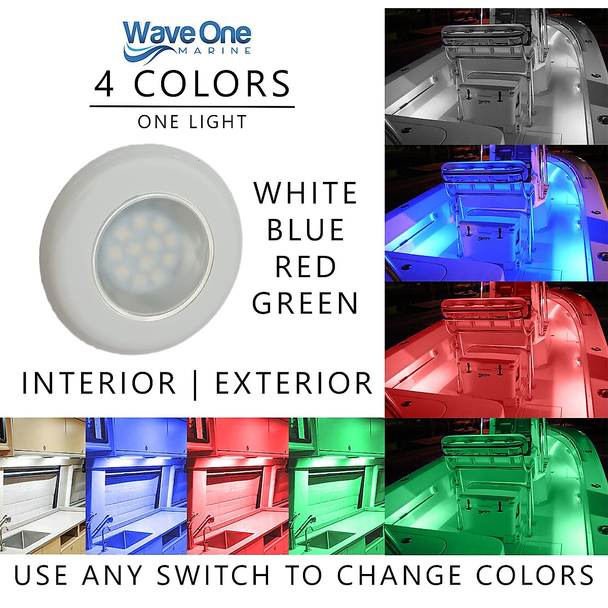 Wave One Marine | Flush Mount 3" RGBW Internal Driver LED Courtesy Boat Light | RV Accent | Interior Exterior Deck Transom Cockpit T Top | Waterproof IP67 (White Bezel)