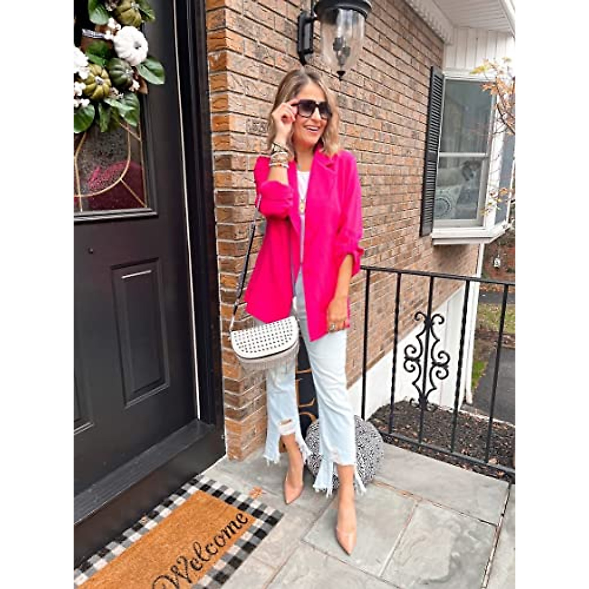 GRECERELLE Womens Casual Blazers Long Sleeve Lapel Open Front Work Office Jacket with Pockets(16, Hot Pink)