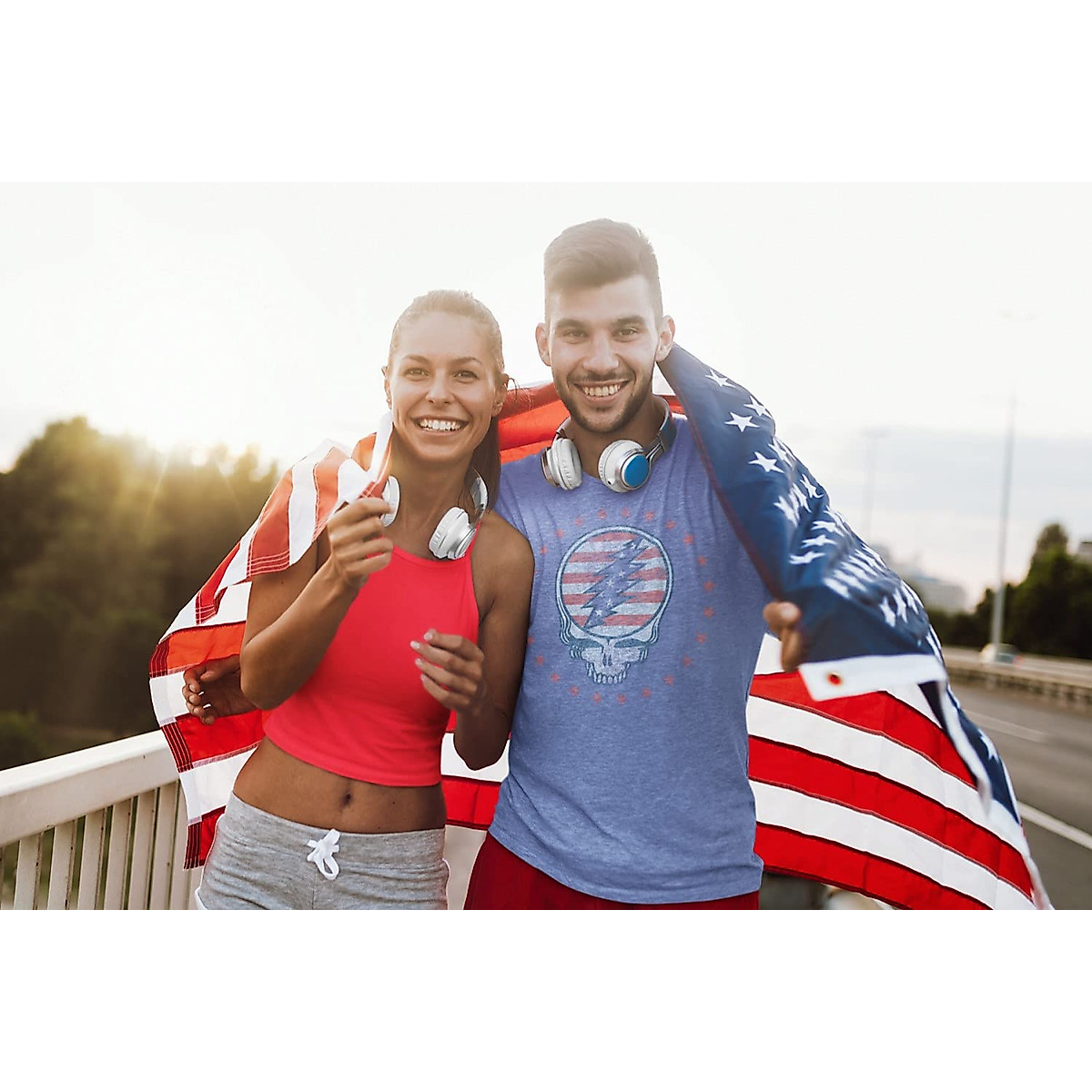 Ripple Junction Grateful Dead Men's Short Sleeve T-Shirt Patriotic Steal Your Face 4th of July Stealie Heather Royal 2XL