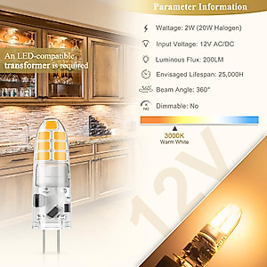 DiCUNO G4 LED Bulb 12V, JC Bi-Pin Base Light Bulbs 2W, Warm White 3000K, 20W T3 Halogen Replacement Bulb for Landscape Light, Under Cabinet Light, Chandelier, Non-dimmable, Pack of 10