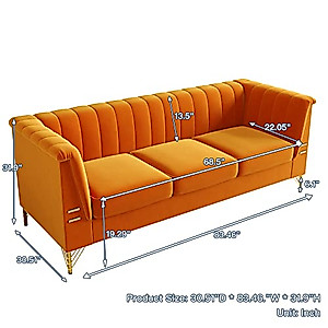 Kadway Velvet Sofa Couch for 3-4 Persons, 83" Mid-Century Modern Couch with Gold Metal Legs, Chesterfield Sofa 3 Seater Sectional Couches, Large Load Sofa Couch for Living Room Office Hotel Orange