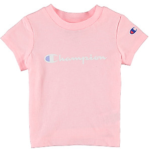 Champion Sets Baby Girl Newborn Two Tees and Fleece Pant 3 Piece Set Baby Clothes (White AOP SS/Pink Candy SS/Oxford Heather Fleece, 6-9 Months, 9_months)