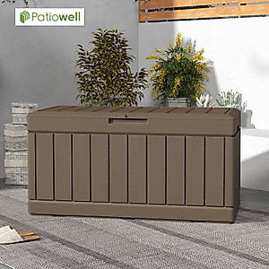 Patiowell 82 Gallon Resin Deck Box, Waterproof Large Wood Look Storage Box for Patio Furniture, Pool Accessories, Garden Tools and Sports Equipment, Lockable, Brown