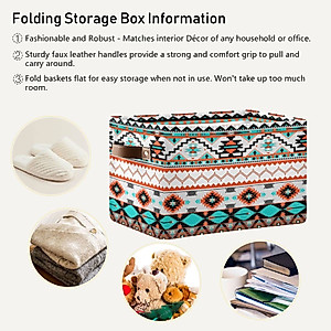Ethnic Aztec Print Storage Basket Native American Storage Bin Collapsible Retro Tribal Navajo Large Storage Baskets with Leather Handles Storage Cube Box Organizer for Closet Toys Clothes Basket,1PC