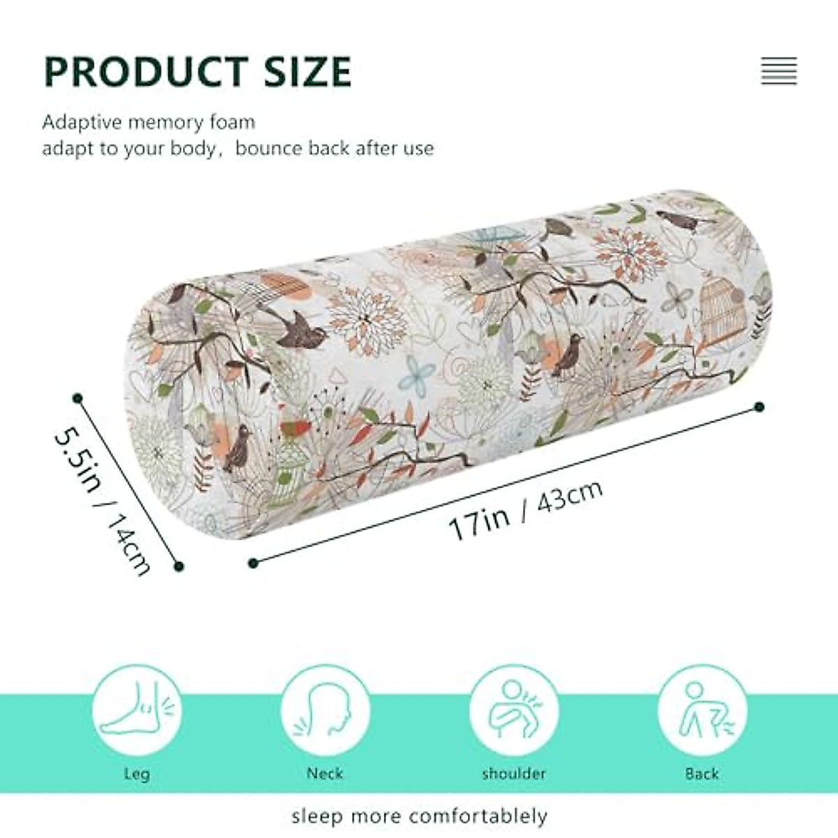 xigua Leaf Bird Neck Roll Pillow for Neck Relief with Removable Washable Cover - Memory Foam Round Cylinder Bolster, Ergonomically Designed for Head, Neck, Back, and Legs