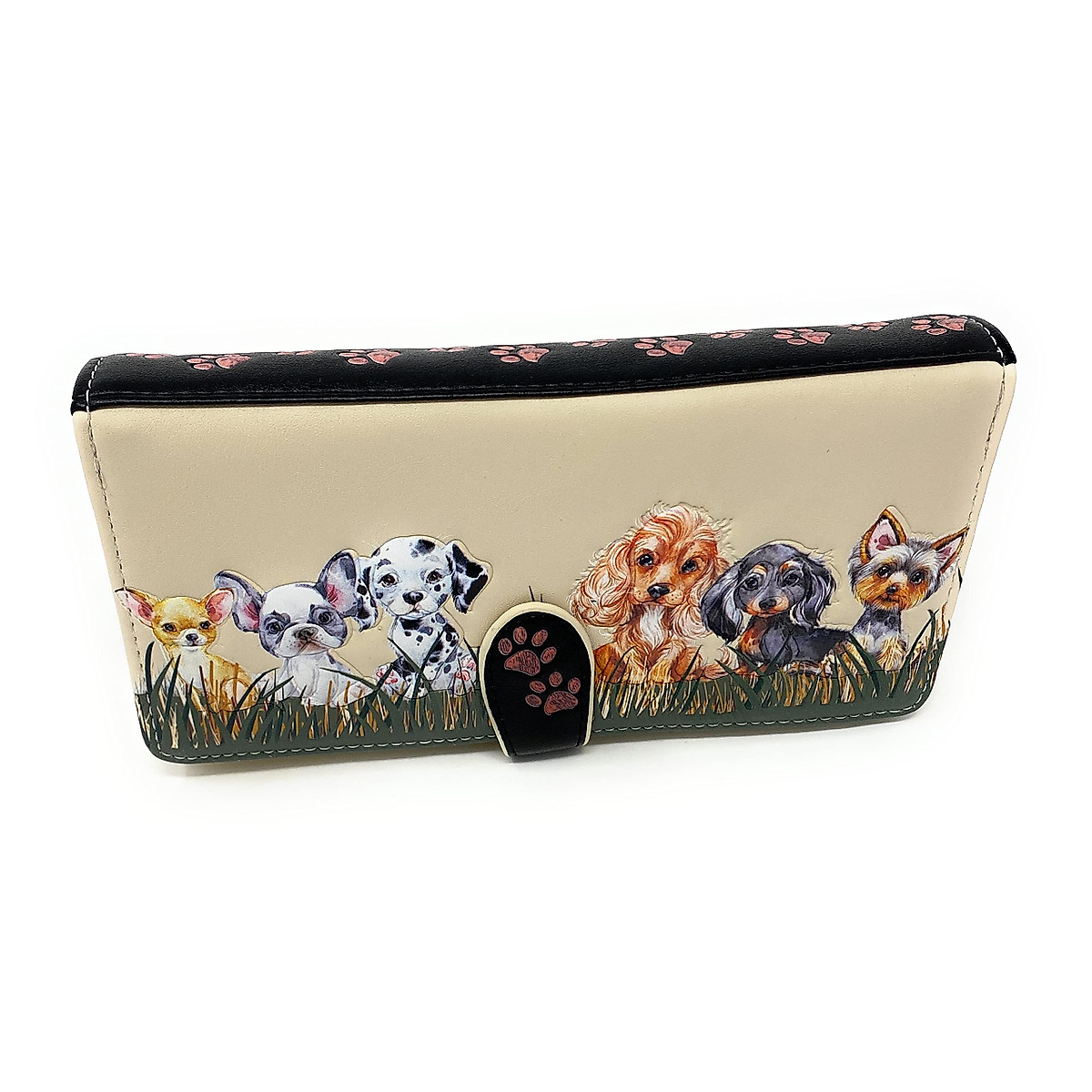 Shag Wear Puppy Dog Love Large Animal Wallet for Women and Teen Girls Vegan Faux Leather Beige 7"