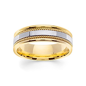 TGDJ Two Tone Gold Wedding Band - 7 mm Handmade Beautifully Crafted Wedding Ring for Couple - White Flat Gold Braided With Tight Yellow Gold ropes - Free Customized Engraving (14k Gold, 10.5)
