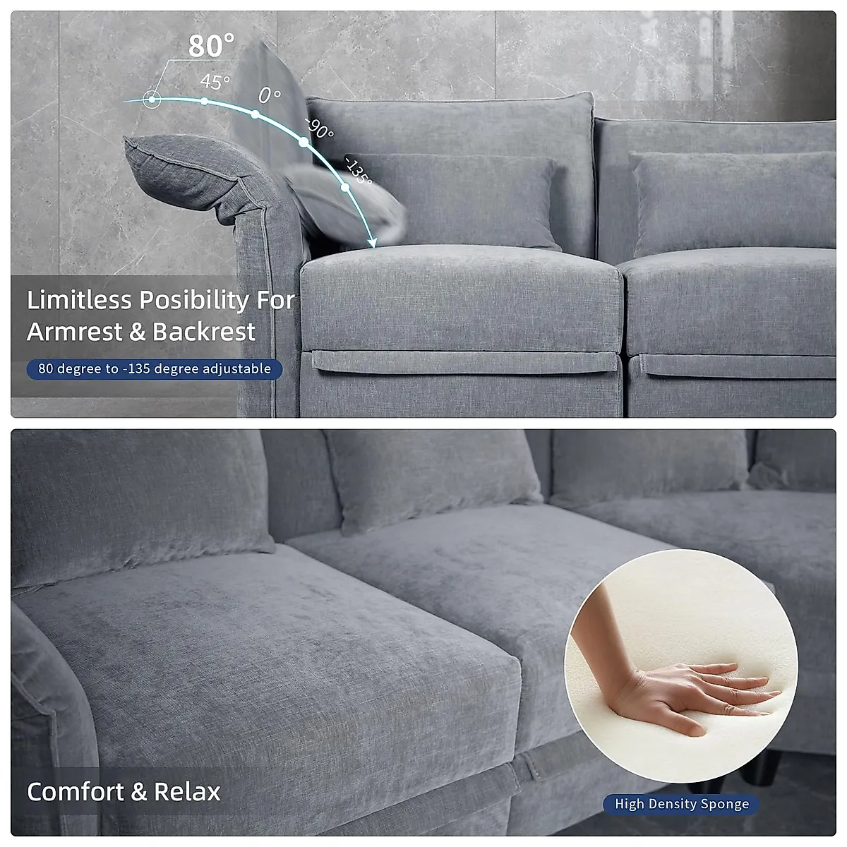 LLappuil Chenille Sectional Couch U Shaped 7 Seater Deep Modular Sectional Sofa with Storage and Adjustable Armrest Backrest, Large Sectional Sleeper Sofa Set, Grey