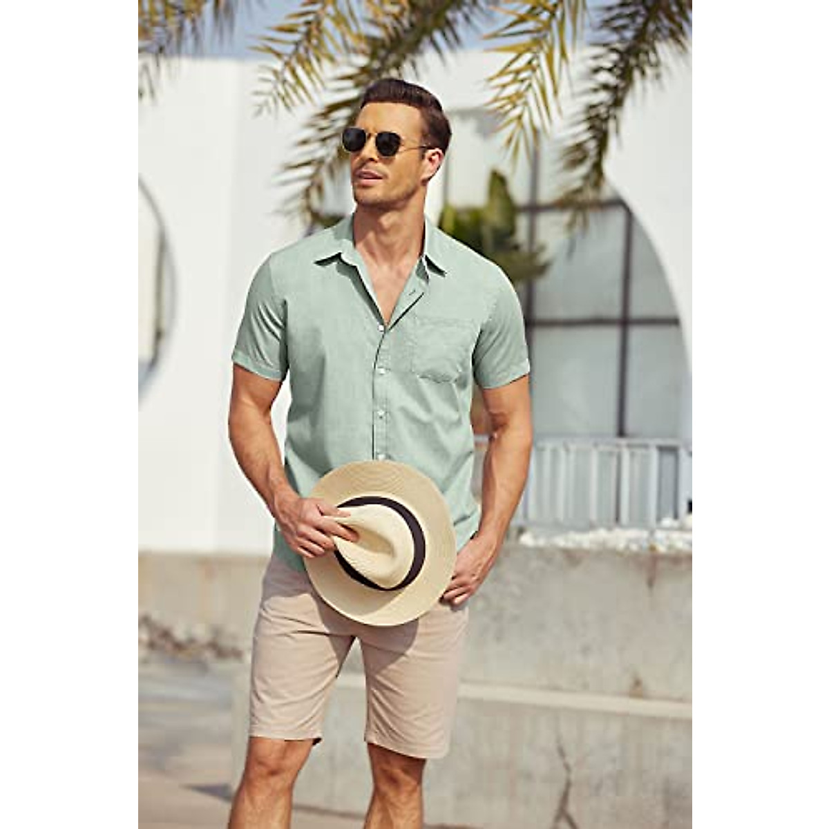 JINIDU Men Linen Shirts Short Sleeve Button Down Shirt Athletic Fit Dress Shirts Light Green