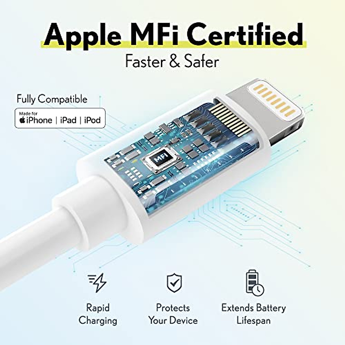 Overtime iPhone Charger Cable 6 Foot, Apple MFi Certified Lightning Cable 6ft USB Cord for iPhone 14/13/12/11/Pro/Max/Mini/SE/XR/XS/X/8/7/Plus/6/6S, iPad/iPad Air 2/Mini 4/3/2, White
