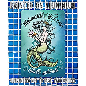 Metal Sign - Mermaids Welcome Shells Optional - Hanging Mermaid Wall Art Metal Sign - Use Indoor/Outdoor Your Home - Girl Mermaid Decor - Mermaid Room Decor For Girls Bedroom and Bathroom (8" x 12")