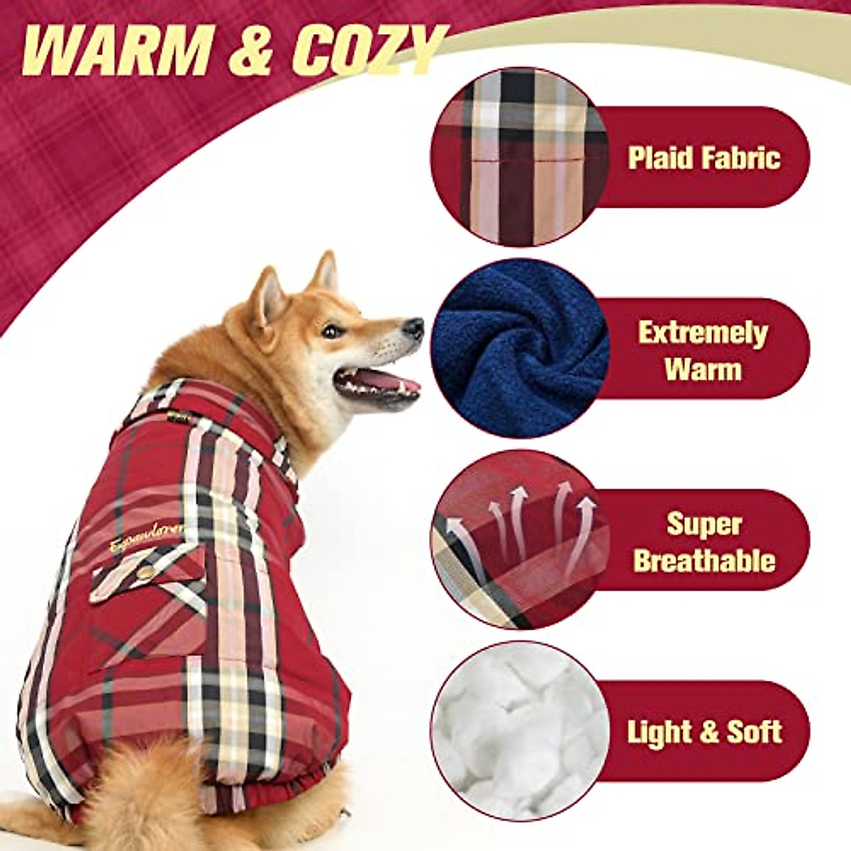EXPAWLORER Warm Dog Coat - Cold Weather Windproof Dog Fleece Coat for Winter, British Style Plaid Dog Jacket Cloth for Small Medium Large Dogs
