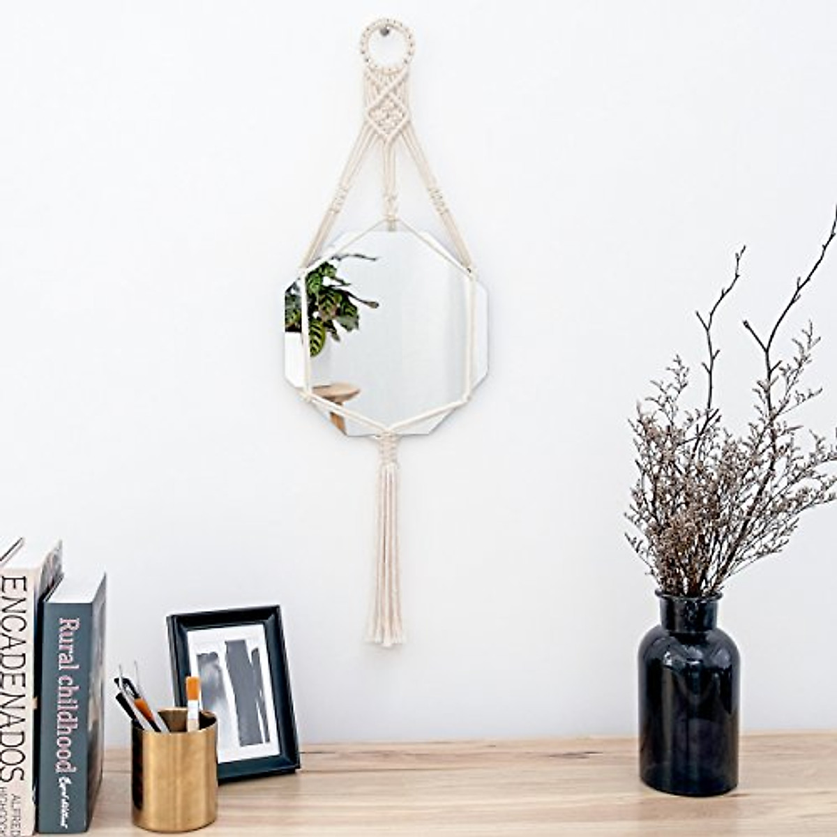 Mkono Macrame Wall Hanging Mirror Boho Geometric Decorative Mirror for Apartment Livingroom Bedroom Dorm Room Entryways