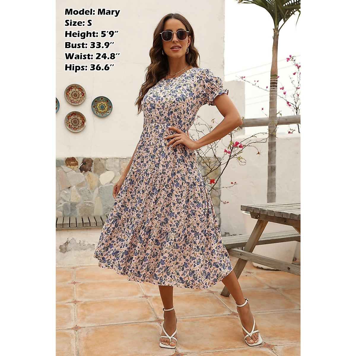 NAVINS Women Floral Print Puff Sleeve Tiered A-Line Swing Midi Dress with Pockets NA1002 (L,Pink Print)