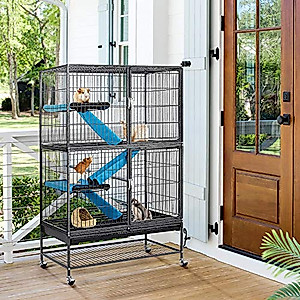 Yaheetech Rolling 2-Story Ferret Cage Small Animal Cage for Chinchilla Adult Rats Metal Critter Nation Cage w/ 2 Removable Ramps/Platforms Black