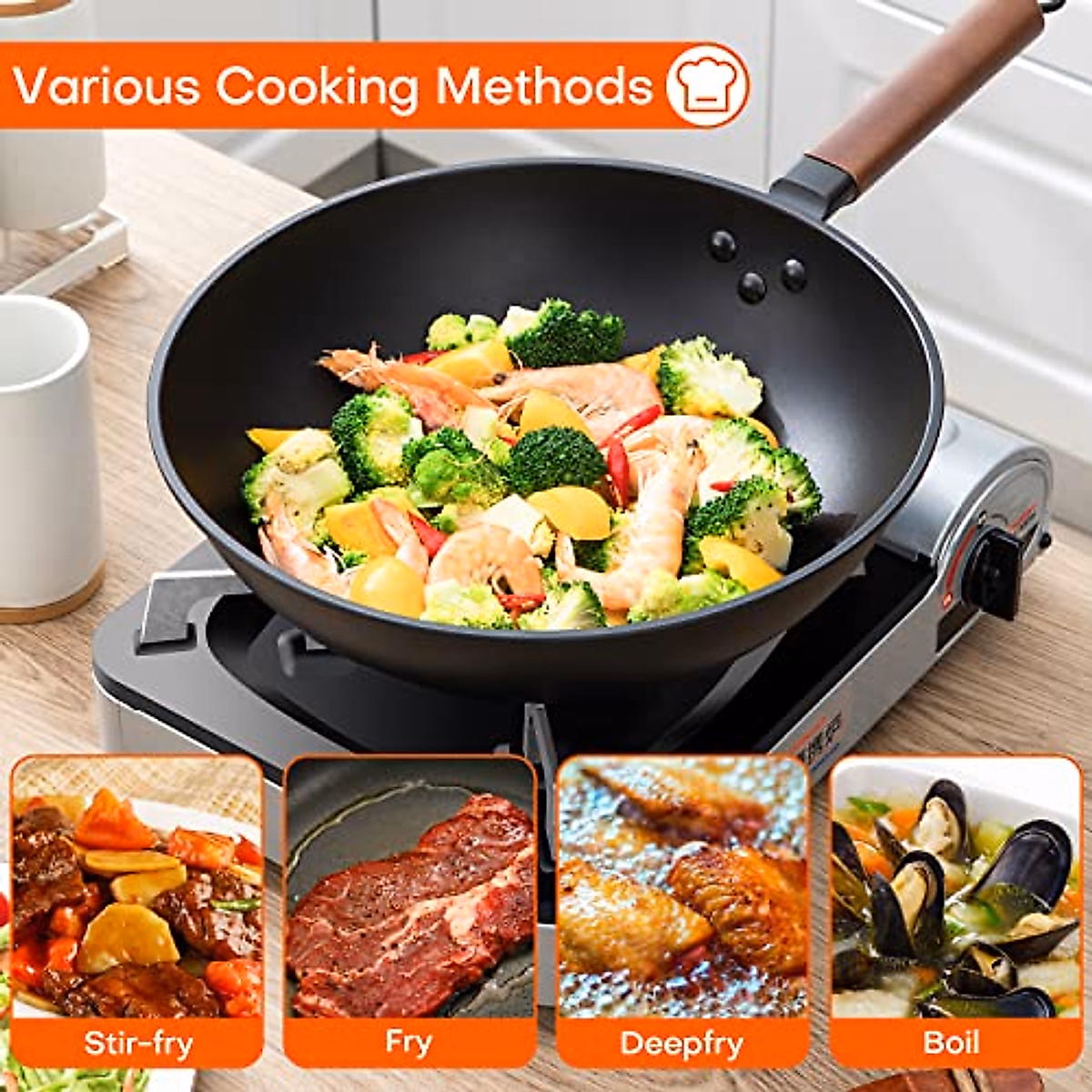 Eleulife Carbon Steel Wok, 13 Inch Wok Pan with Lid and Spatula, Nonstick Woks and Stir-fry Pans, No Chemical Coated Flat Bottom Chinese Wok for Induction, Gas, All Stoves