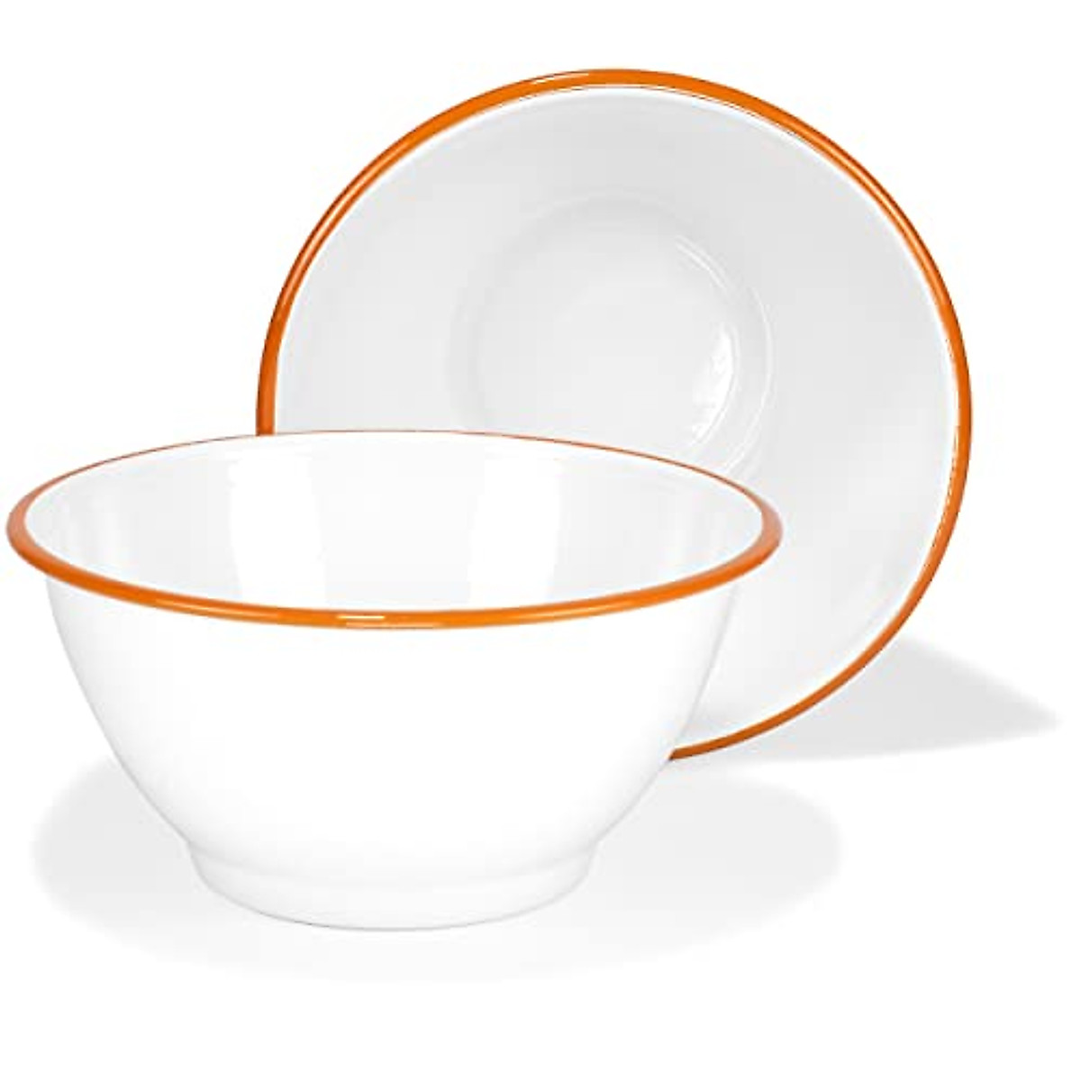 Red Co. Set of 2 Enamelware Metal Large Classic 4 quart Round Salad Serving Bowl, Solid White/Orange Rim